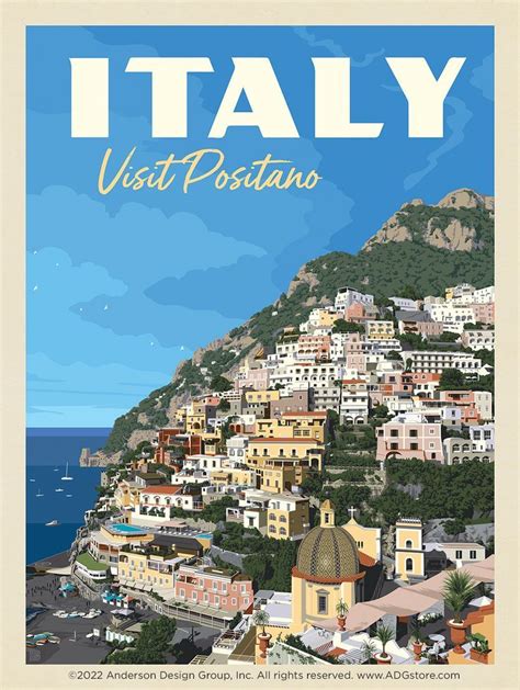 Italy Positano Travel Posters Art Deco Travel Poster Design Travel