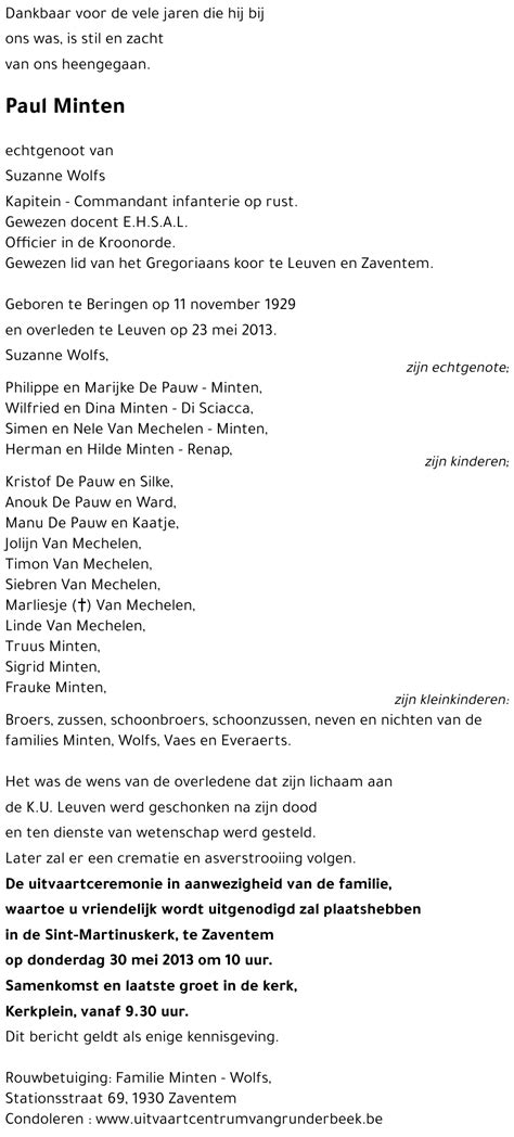 Avis De Décès De Paul Minten Décédé Le 23 05 2013 à Leuven Annonce Condoléances Fleurs Etc