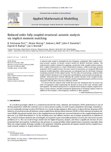 pdf reduced order fully coupled structural acoustic analysis via
