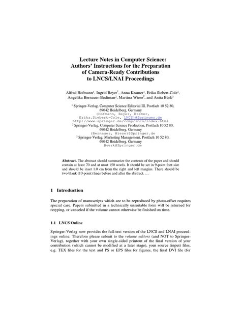 Springer Lncs Word Template 1 Te X Typefaces