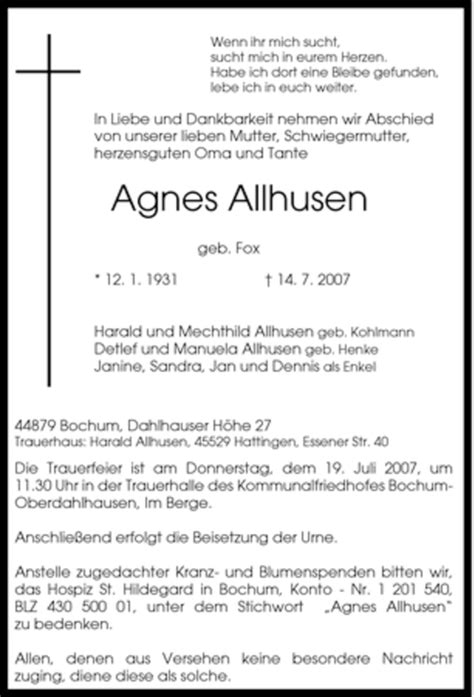 Traueranzeigen Von Agnes Allhusen Trauer In Nrw De