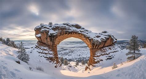 Natural Stone Arch Covered In Snow In A Winter Landscape Natural Arch