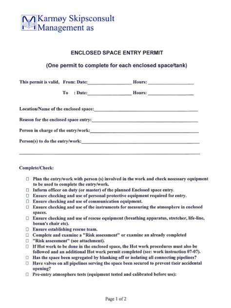 Enclosed Space Entry Permit Checklist Pdf