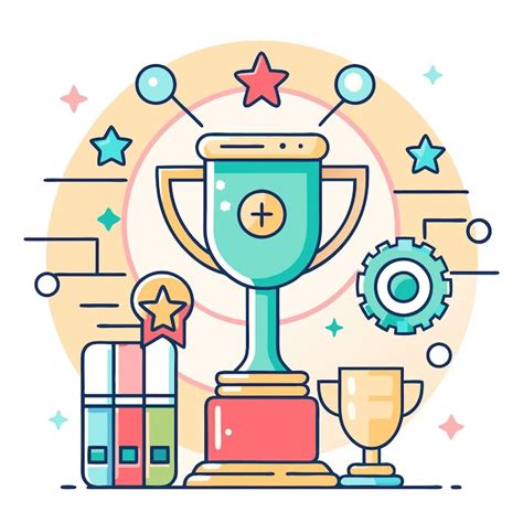 Gold Trophy With Red Star Gears And Small Trophy On Yellow Circle With Blue Pink And Green