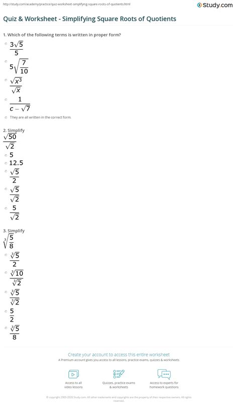 Quiz And Worksheet Simplifying Square Roots Of Quotients