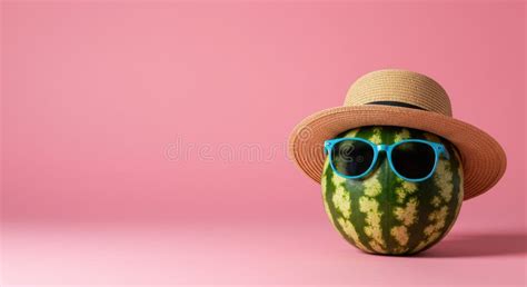 Ripe Watermelon Wearing Sunglasses And Straw Hat On Pink Background