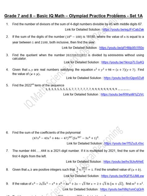 Grade 7 And 8 Basic Iq Math Practice Problems Set 1a Pdf Download