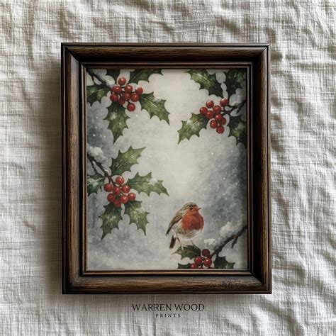 Robin And Holly Winter Print Traditional Vintage Wall Art Snowy Berry