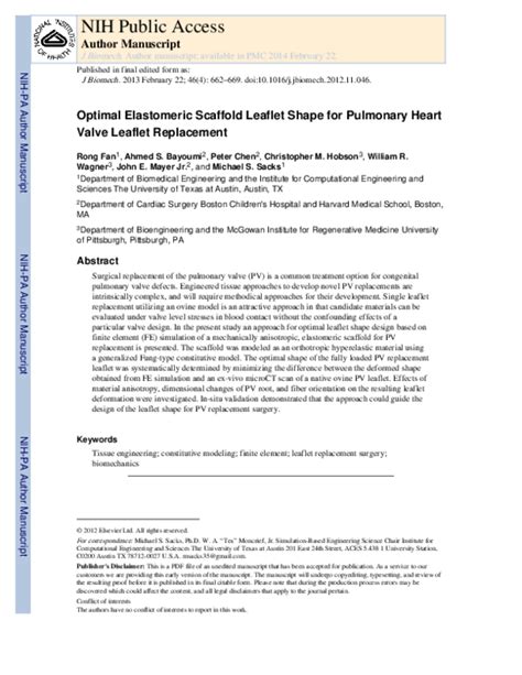 Pdf Optimal Elastomeric Scaffold Leaflet Shape For Pulmonary Heart Valve Leaflet Replacement