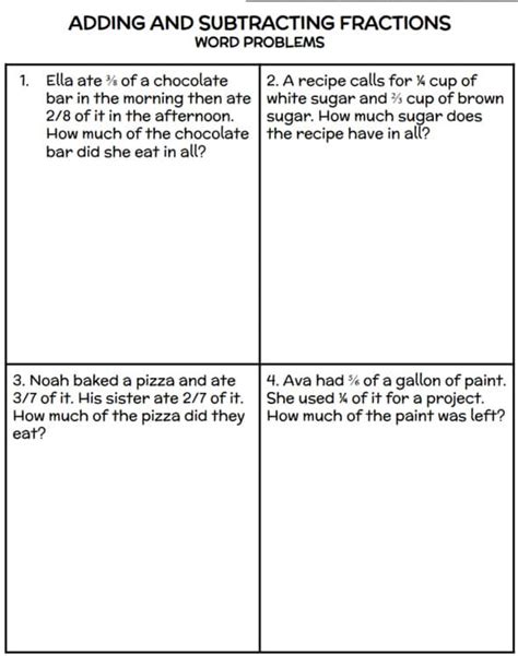 Word Problems Adding And Subtracting Fractions Worksheet Tpt