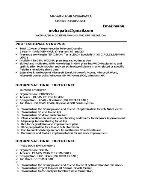 Manas 12 Years Planning And Optimization Resume 3g 2g Pdf Ericsson
