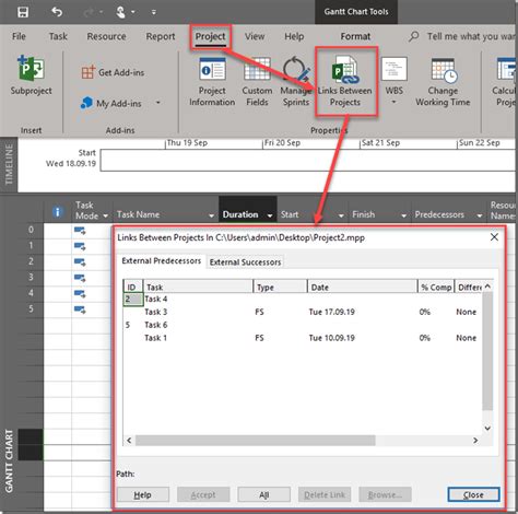 how to manage external dependencies between projects with ms project