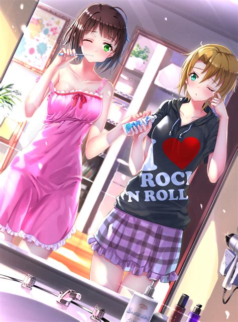 Safebooru 2girls Aqua Eyes Bathroom Breasts Brown Hair Casual