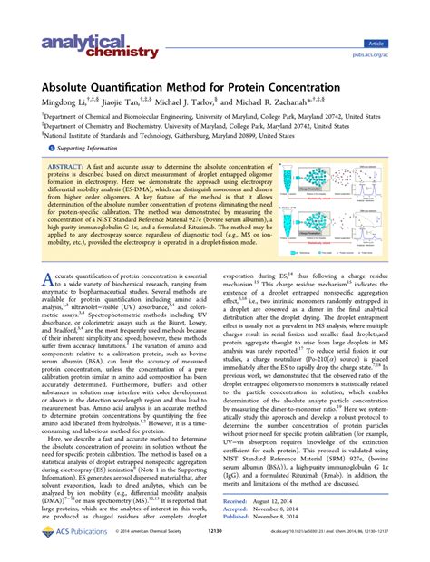 Pdf 386265 An Absolute Quantification Method For Protein Concentration