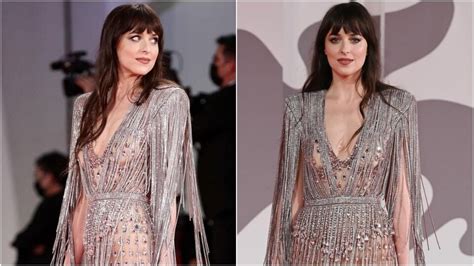 Dakota Johnson In Sheer Embellished Silver Gown Looks Bold And
