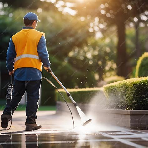 Professional Cleaning Service Provided By Workers Using A Pressure Washer To Clean The Driveway