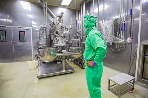 Premium Photo Male Operation Green Protective Clothes Process In A Food Factory The Processing