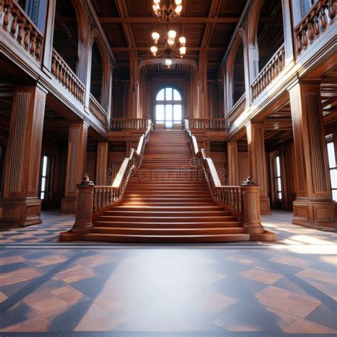 Grand Wooden Staircase In Historic Mansion Interior With Elegant