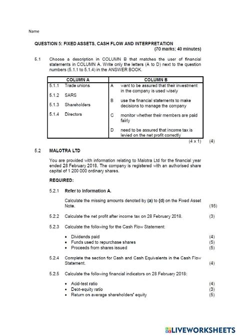 Question 5 Fix Assets Cash Flow Worksheet Live Worksheets