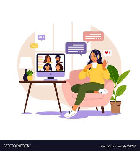 Woman Using Computer For Collective Virtual Vector Image