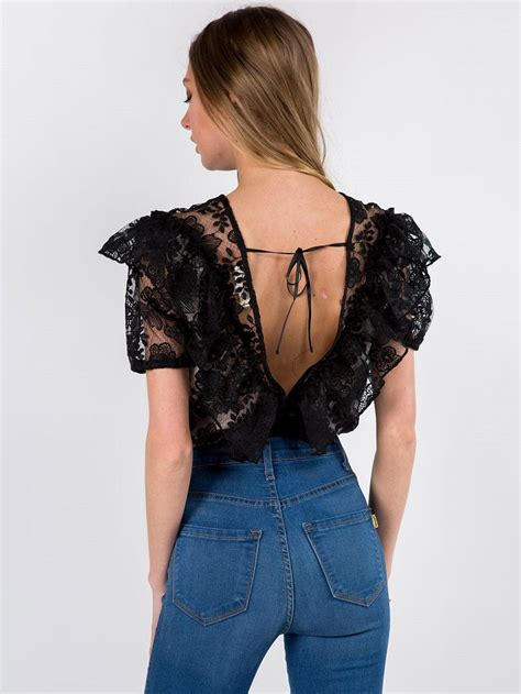 Womens Short Sleeve Ruffle V Neck Lace Bodysuit