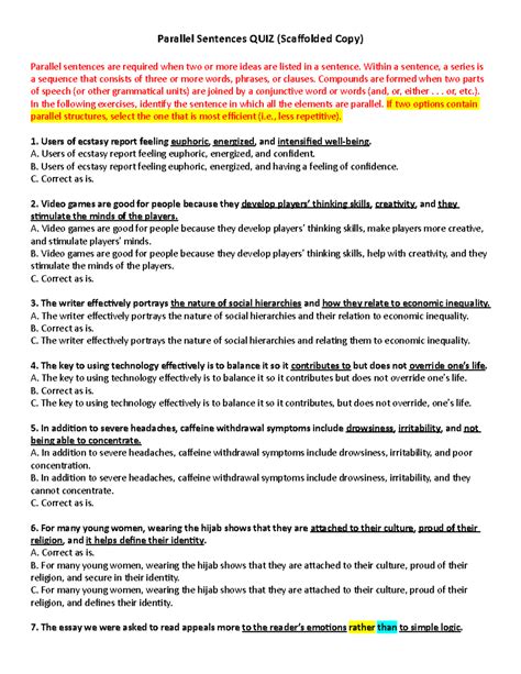 Parallel Sentences Quiz Scaffolded Copy Parallel Sentences Quiz