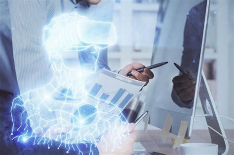 Premium Photo Ar Hologram With Man Working On Computer On Background