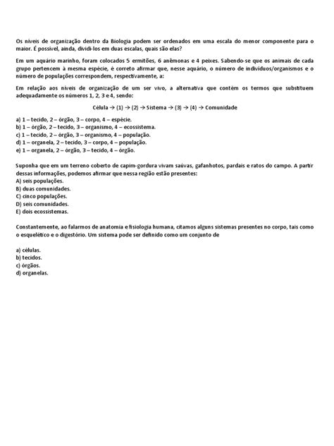 Os Níveis De Organização Dentro Da Biologia Podem Ser Ordenados Em Uma