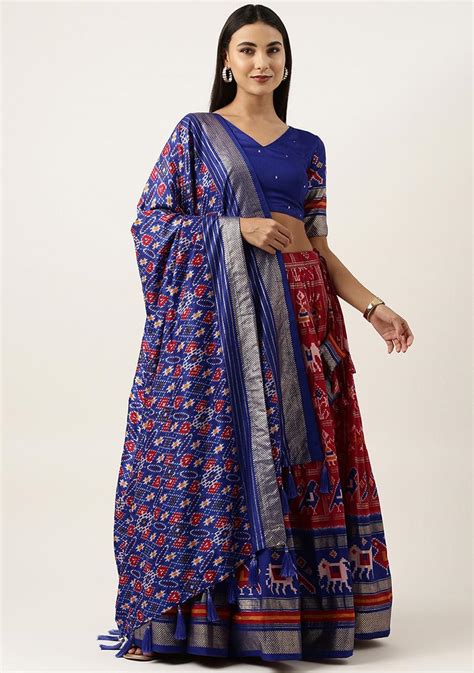Buy Women Red Patola Print Tussar Silk Lehenga Choli Set Xlh00247