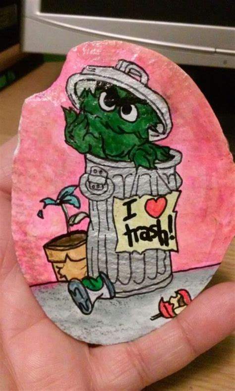 Artist Hand Painted Rock Stone Sesame Street Muppet Oscar The Grouch I