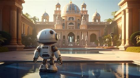 Premium Ai Image A Small Droid With A Head And Hands Background Of A Majestic Palace With