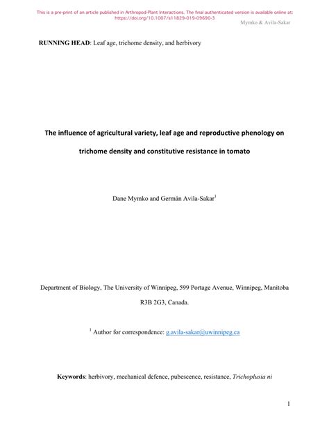 Pdf The Influence Of Leaf Ontogenetic Stage And Plant Reproductive Phenology On Trichome