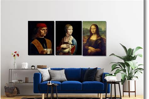 Leonardo Da Vinci Canvas Set Of 3 Mona Lisa And Lady With Ermine Wall