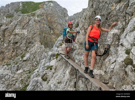Hikers On Via Ferrata Hiking Trail Mittenwalder Höhenweg Karwendel