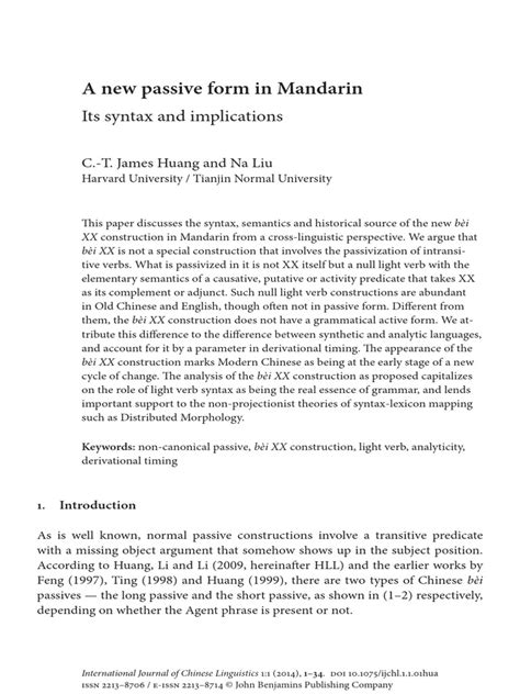 A New Passive Form In Mandarin Its Syntax And Implications Pdf