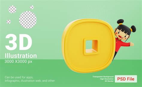 Premium Psd 3d Female Chibi Character And Gold Qing Ming Big Coin In