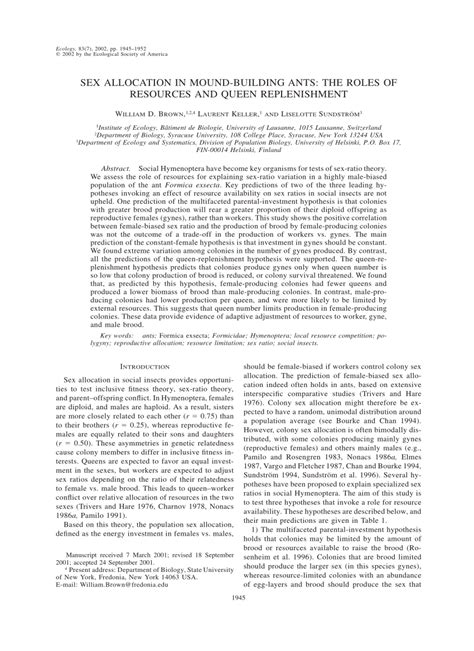 Pdf Sex Allocation In Mound Building Ants The Roles Of Resources And