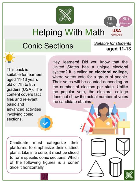 Conic Sections National Election Day Math Worksheets Age 11 13