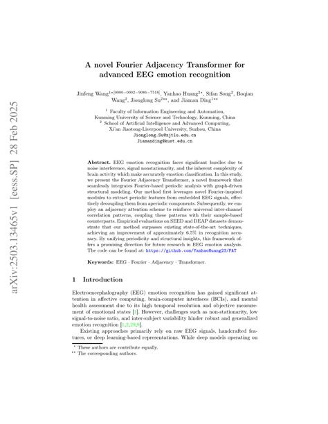 Pdf A Novel Fourier Adjacency Transformer For Advanced Eeg Emotion