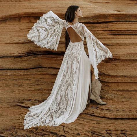 Vestido De Novia Bohemio Línea A De Gasa Con Encaje Mangas Largas Aca