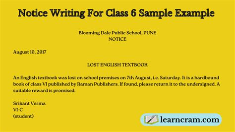 Notice Writing Class 6 Format Examples Topics Exercises Learn Cram