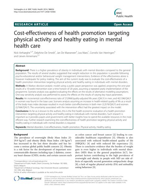 Pdf Cost Effectiveness Of Health Promotion Targeting Physical Activity And Healthy Eating In