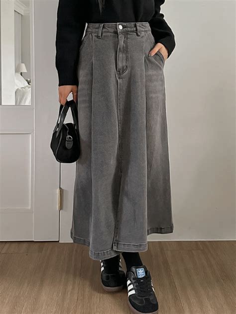 리리앤코 25 36 핀트릿 스판 속밴딩 핀턱 A라인 트임 데님 롱 스커트 봄가을데일리룩데이트룩캐주얼룩캠퍼스룩러블리룩하객룩격식룩출근룩빅사이즈36사이즈