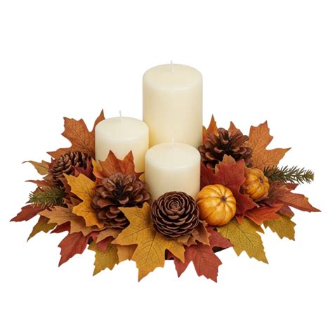 Burning Candle With Autumn Leaves Arrangement For Cozy Seasonal Decor