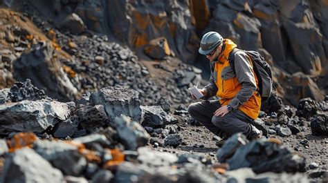 Premium Photo A Geologist In A Hard Hat And Safety Glasses Kneels On