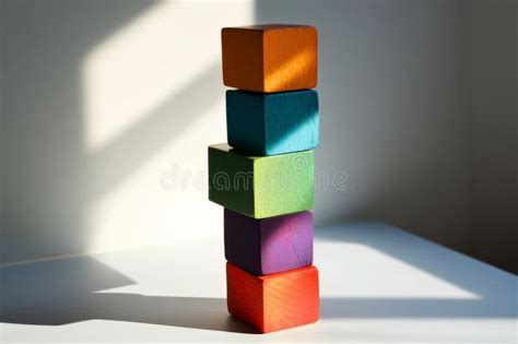 A Stacked Tower Of Multi Colored Cubes On A Light Gray Surface With Each Cube Casting A