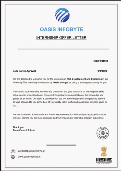 Satvik Agrawal On Linkedin Oasisinfobyte Internship Careergrowth Excited Webdevelopment