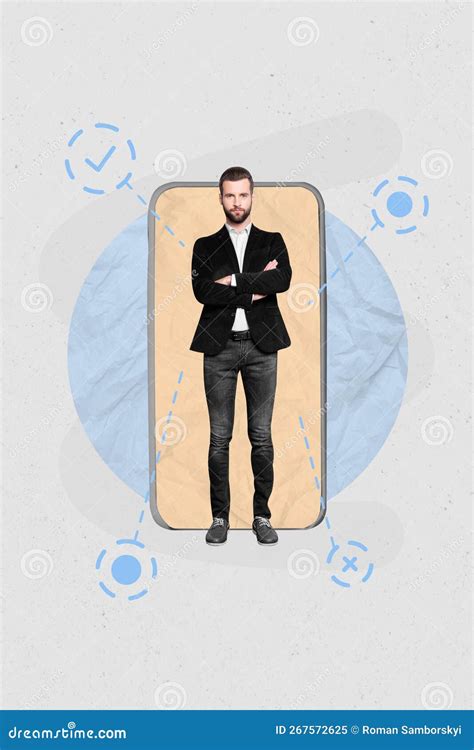 Creative Magazine Poster Collage Of Young Business Man From Touchscreen Gadget Helper Guide On