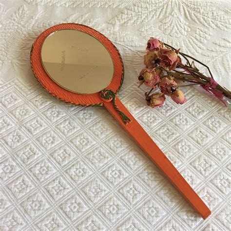 Vintage Japanese Geisha Wooden Hand Mirror In Orange And Black Unique