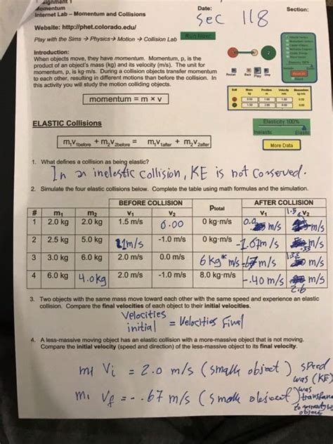 Momentum And Collisions Worksheet Answers